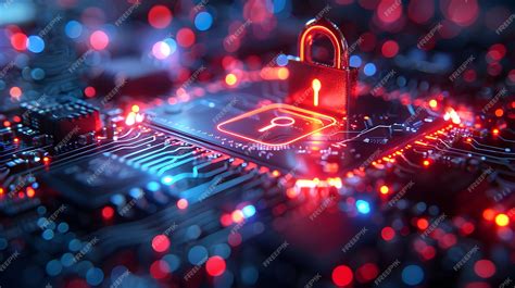 Cyber Security Lock Illustration Red And Blue Bokeh Lights Premium Ai