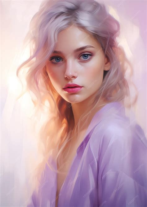 Premium Ai Image Woman Blonde Hair Blue Eyes Lavender Pink Soft
