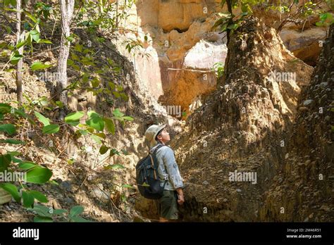 Female Geologist With Backpack Exploring Nature Trail In Forest And
