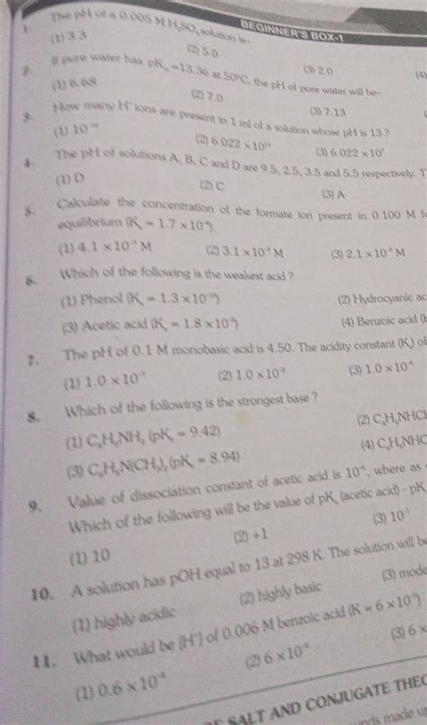The Pht Of 01m Monobasic Acid Is 450 The Acidity Constant K Of Filo