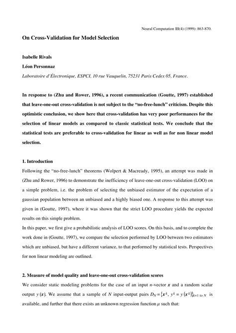 Pdf On Cross Validation For Model Selection