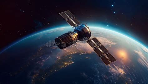Geostationary Orbit Satellite Above The Earth 3d Render Stock