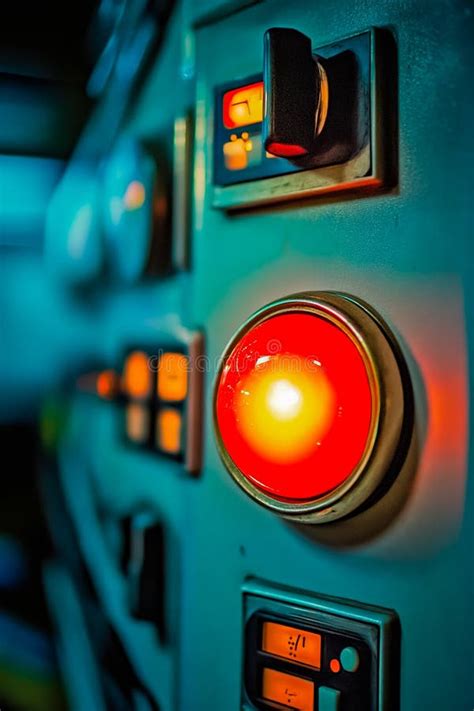 A Close Up Shot Of A Bright Red Nuclear Button On A Control Panel Surrounded By Various