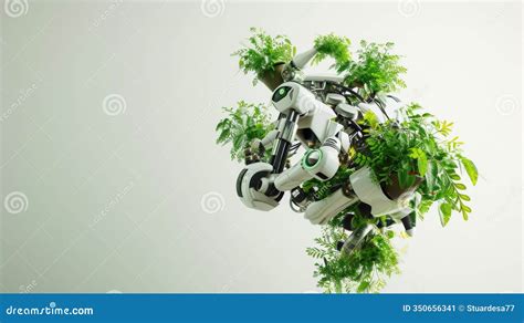 Futuristic Robotic Structure Intertwined With Lush Green Plants Stock