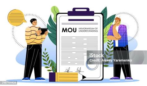 개념 이해각서 Mou 근처에 있는 두 남자가 문서를 작성합니다 Biusinessmen은 거래와 계약을 체결합니다 규칙과 규정 평면 벡터 일러스트 레이 션 계약서에 대한 스톡