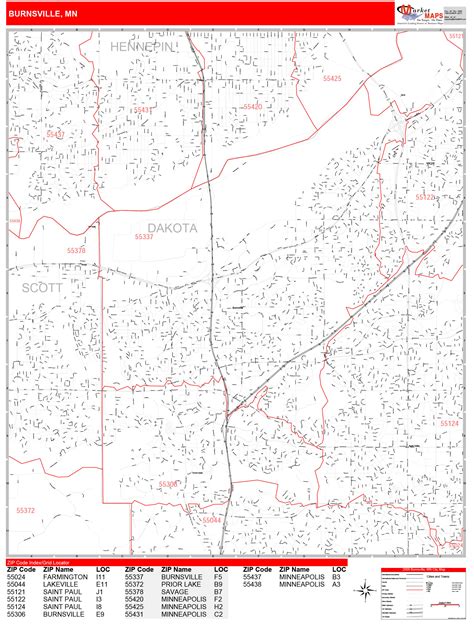Burnsville Minnesota Zip Code Wall Map Red Line Style By Marketmaps