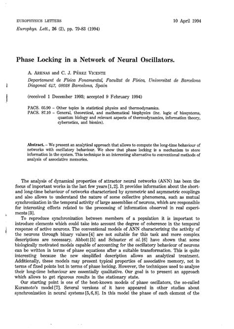 Pdf Phase Locking In A Network Of Neural Oscillators