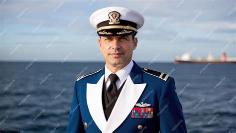 Naval Captain In Uniform Stands Proudly On Ship Deck Looking Out To Sea Premium Ai Generated Image