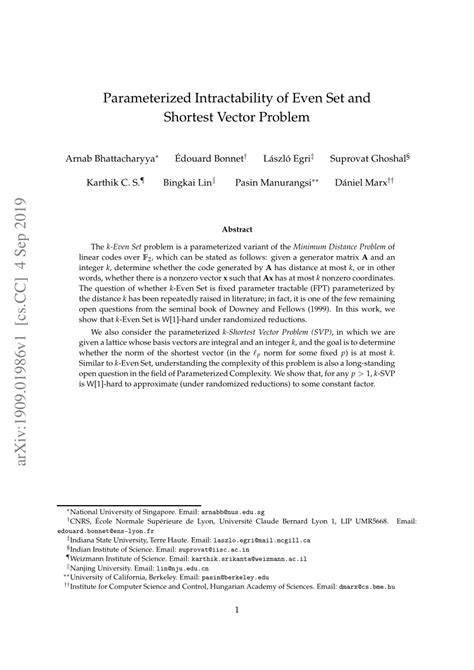 pdf parameterized intractability of even set and shortest vector problem