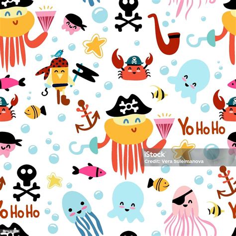 귀여운 바다 해적과 벡터 원활한 패턴 손으로 그린 재미있는 벡터 패턴 해적 모자 게 해파리 보물 물고기 및 거품에 귀여운 문어 축하 행사 포스터 초대장 및 어린이 직물 장식