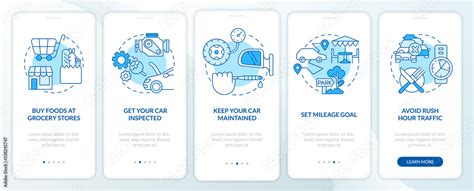 Road Trip Tips Blue Onboarding Mobile App Screen Car Travel Walkthrough 5 Steps Editable