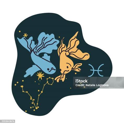 물고기 자리 두 물고기 점성술 아이콘 조디악 표지판 별자리 기호 난해한 천체 스티커 물고기 별자리 손으로 그린 벡터 그림입니다 12세기에 대한 스톡 벡터 아트 및 기타