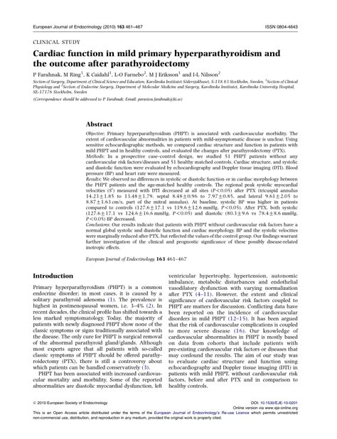 Pdf Cardiac Function In Mild Primary Hyperparathyroidism And The