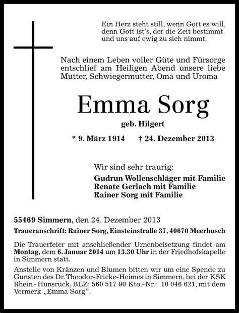 Traueranzeigen Von Emma Sorg Rz Trauer De