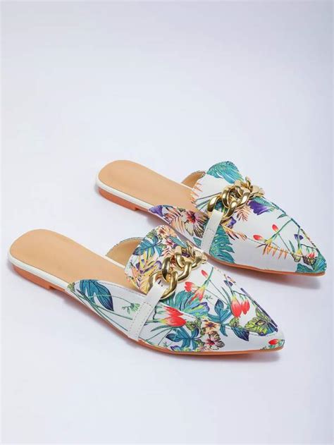 Tropical Print Chain Decor Point Toe Flat Mules Shein Usa