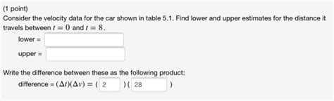 Solved 1 Point Consider The Velocity Data For The Car S