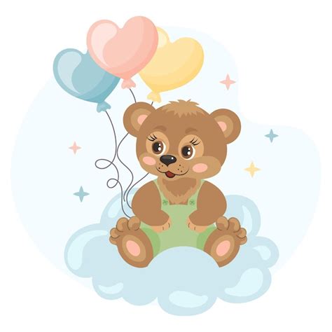 Urso De Pelúcia Bonito Dos Desenhos Animados Com Balões Em Uma Nuvem