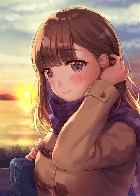Safebooru 1girl Bag Blush Brown Hair Coat Duffel Coat Hair Tucking