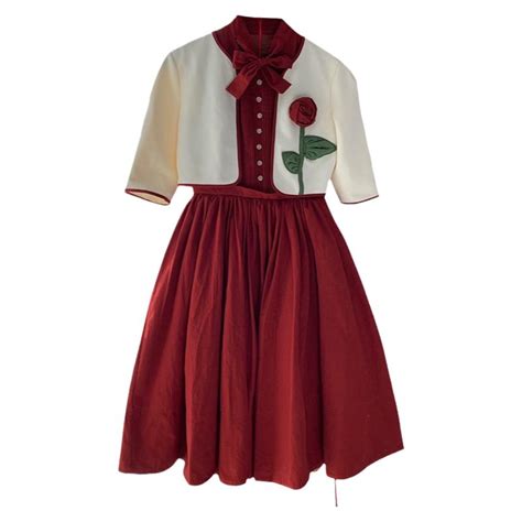 挚爱甜美法式两件套古着红色玫瑰蝴蝶结vintage礼服洋装秋公主裙虎窝淘