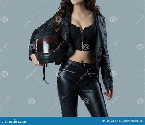 Beautiful Female Biker Wearing A Leather Jacket Stock Image Image Of Erotic Fashion 48485361