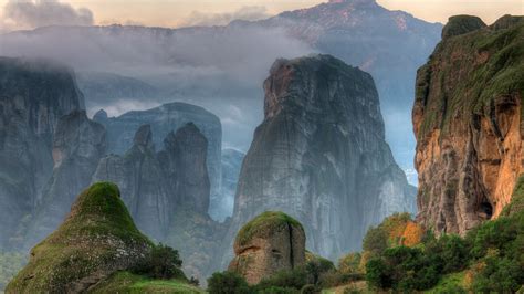 Trees Landscape Mountains Waterfall Rock Nature Clouds Mist