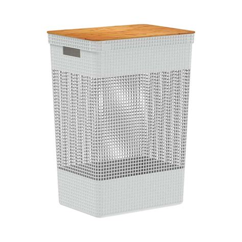 Cesto De Roupas Grid Tampa De Bambu 49L Branco