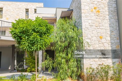 전면에 녹색 나무와 식물현대 건물의 아름다운 외관보기 그리스 그리스에 대한 스톡 사진 및 기타 이미지 그리스 도회지 돌 건축자재 Istock