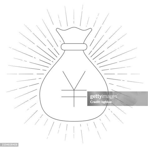 Money Bag With Yen Sign Line Icon With Sunbursts On White Background