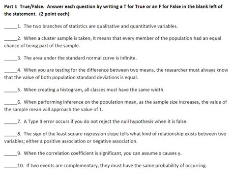 Solved Part I Truefalse Answer Each Question By Writing A