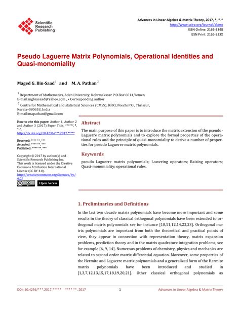 Pdf Pseudo Laguerre Matrix Polynomials Operational Identities And