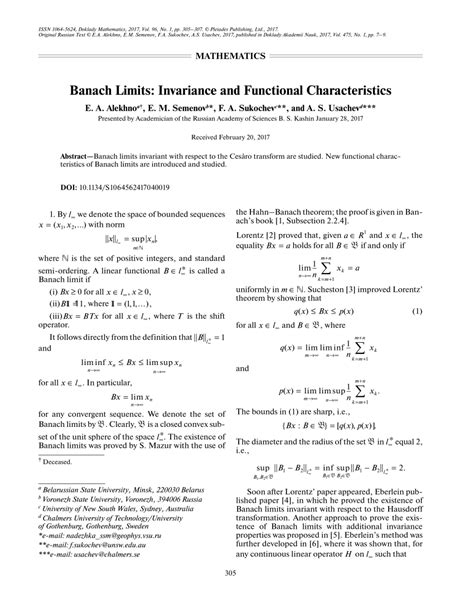 Pdf Banach Limits Invariance And Functional Characteristics