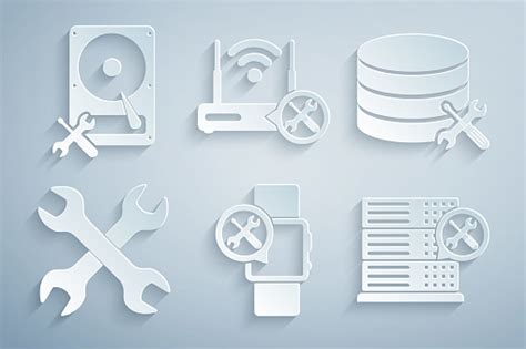 Smartwatch 서비스 데이터베이스 서버 크로스 렌치 라우터 Wifi 및 하드 디스크 드라이브 아이콘을 설정합니다 벡터 3차원 형태에 대한 스톡 벡터 아트 및 기타
