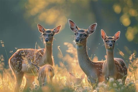A Couple Of Deer Standing Next To Each Other In A Field Premium Ai