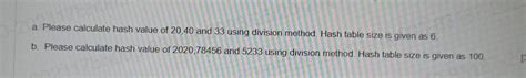 Solved A Please Calculate Hash Value Of 2040 And 33 Using