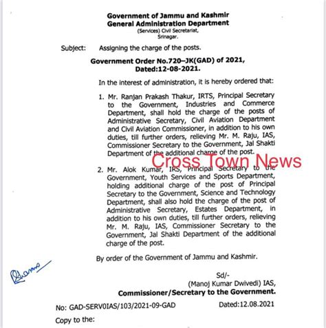 Jandk Govt Assigns Additional Charge To Ias Officers