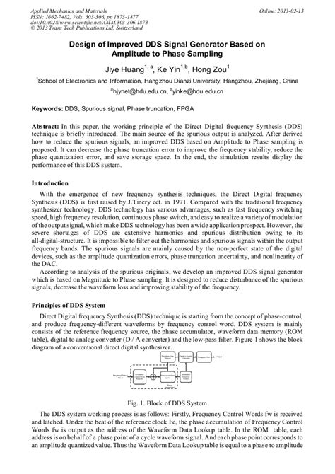Design Of Improved Dds Signal Generator Based On Amplitude To Phase Sampling Scientificnet