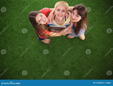 Three Women With Naked Feet Standing In Grass Stock Image Image Of Park Outside