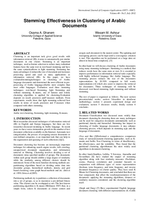Pdf Stemming Effectiveness In Clustering Of Arabic Documents Wesam Ashour