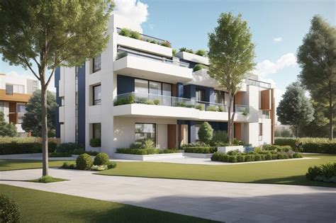 Representación 3D de un moderno edificio de apartamentos con jardín y