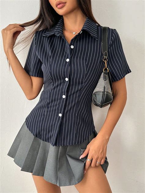 Womens Button Down Short Sleeved Striped Design Slim Fit Everyday