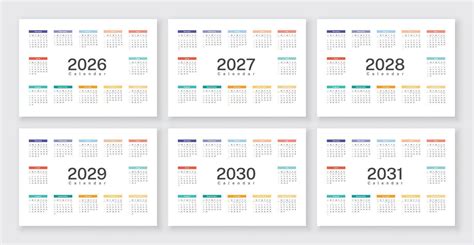 Calendar Template Set For 2026 2027 2028 2029 2030 And 2031 Years