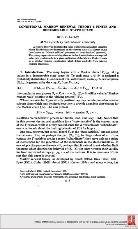 Pdf Conditional Markov Renewal Theory I Finite And Denumerable State