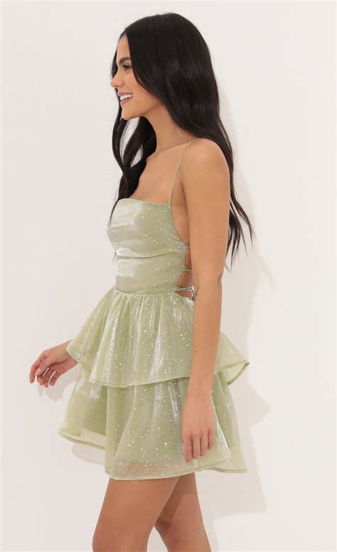Lace Up Dress In Green Glitter Cute Homecoming Dresses Green