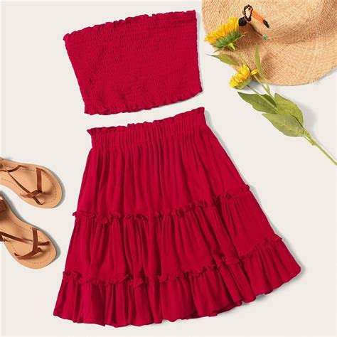 Women Smocked Bandeau Top And Layered Frill Hem Skirt Set Power Day Sale