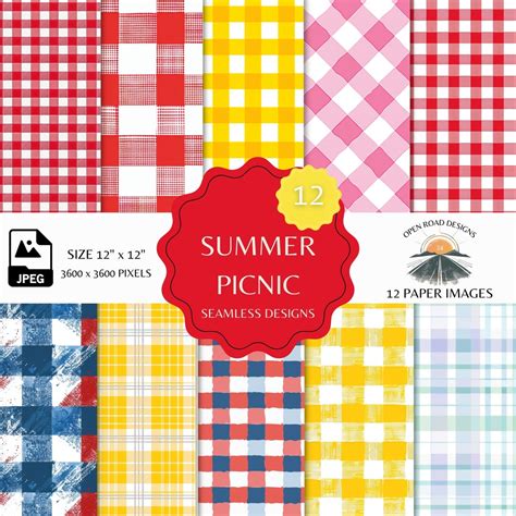 Summer Picnic Seamless Patterns 12 Digital Download Jpegs Gingham