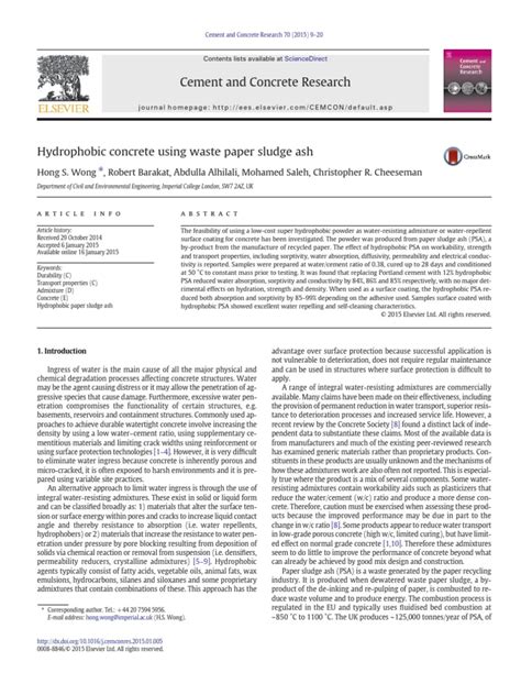 Hydrophobic Concrete Using Waste Paper Sludge Ash Pdf Concrete Cement