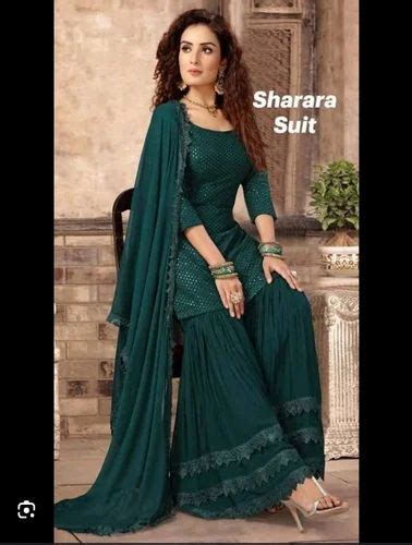 Georgette Embroidered Wedding Sharara Suit Green At Rs 1260piece In