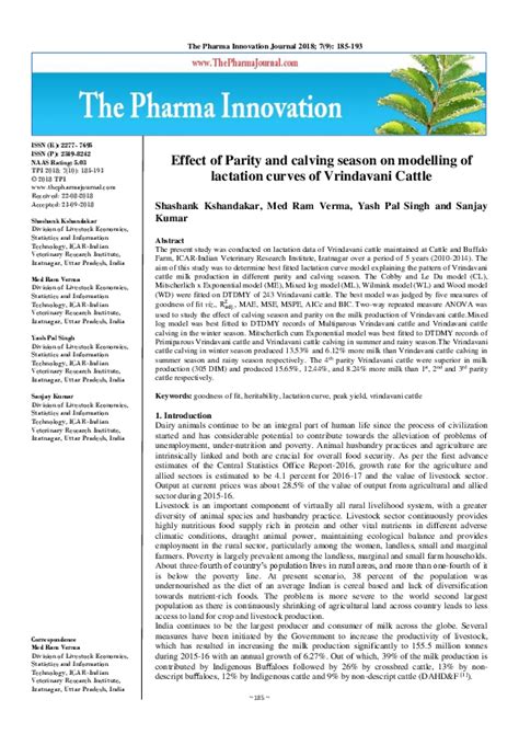 Pdf Effect Of Parity And Calving Season On Modelling Of Lactation Curves Of Vrindavani Cattle