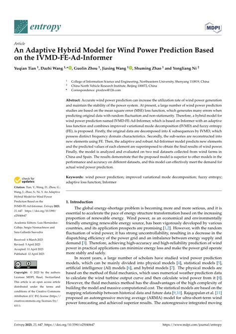 Pdf An Adaptive Hybrid Model For Wind Power Prediction Based On The