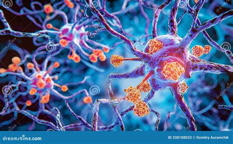 Neurotransmitters At Synapses Of Nerve Cells Illustration In 3d Stock